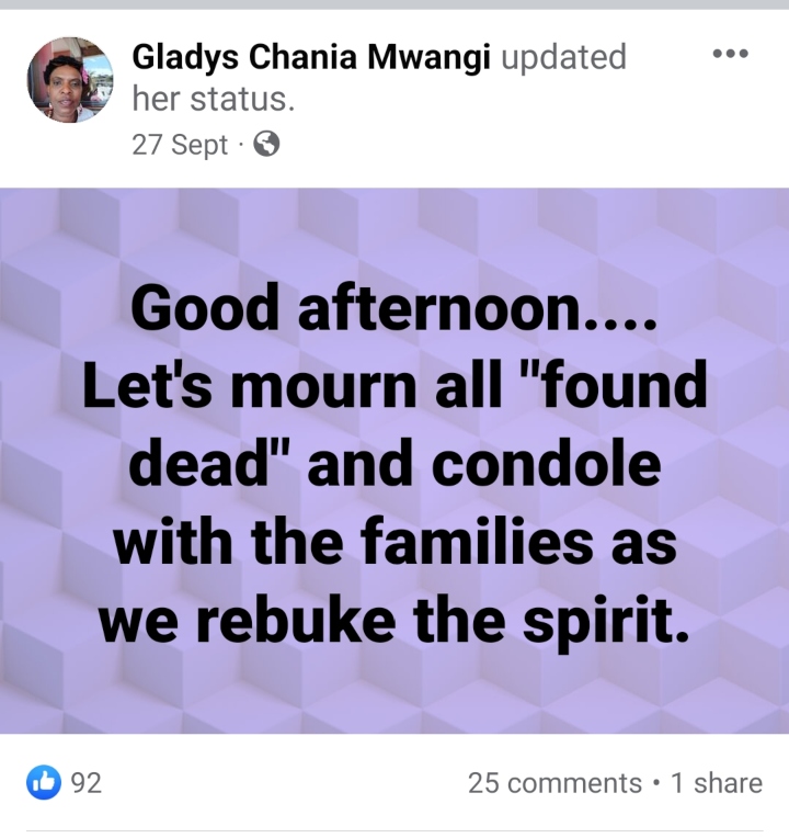 Gladys Chania: 6 Disturbing Facebook Posts of Kiambu Woman Accused of Killing Hubby - Gotta News